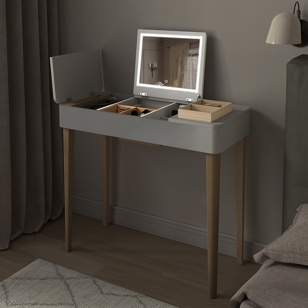 High Definition Vanity Mirror with Lights and Flip-Up Solid Wood Legs ...