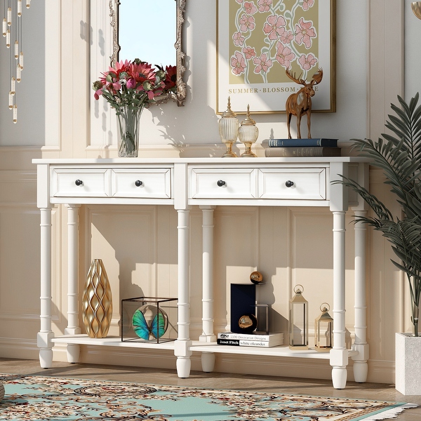 Ivory 58 Rustic Console Table 2 Drawers Bottom Shelf Solid Wood Frame