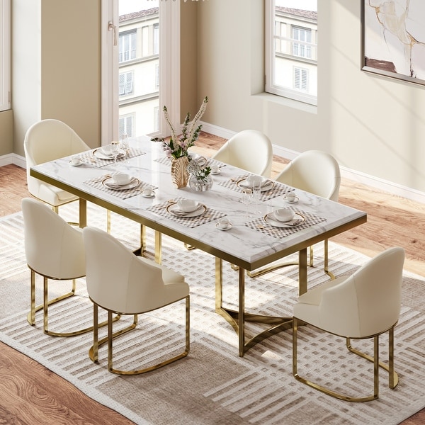 Modern Marble Dining Table with White Rectangular Tabletop Gold Stainless Legs Dining Room Table On Sale Bed Bath Beyond 36832544