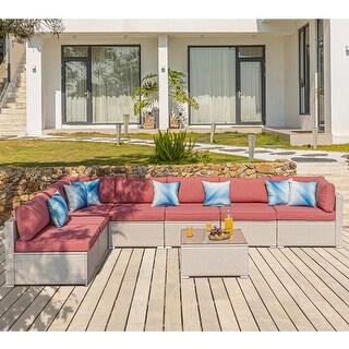 COSIEST Patio Furniture 8 Piece Beige Wicker Sectional Sofa Set - Bed ...