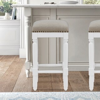 White Turned Leg Counter Stool with Taupe Upholstered Seat and Nailhead ...