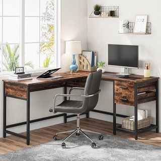 Moden Simple Computer Desk with 2 Storage Drawers, Writing Study Desk ...
