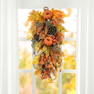 Glitzhome 25"H Fall Pumpkin Lotus Leaf Swag Teardrop Wreath ...