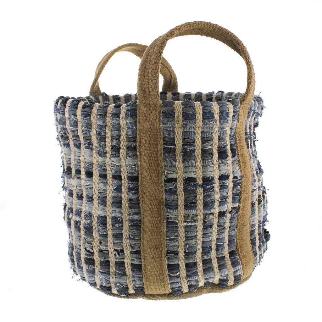 Woven Denim Basket with Two Handles, Blue and Beige - Overstock - 31965752
