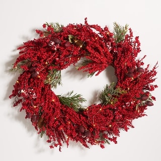 SAFAVIEH Faux 30 Inch Red Berry & Pine Led Wreath - Deep Red/Green - 27 ...