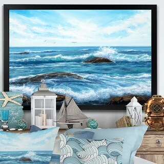 Designart "Waves At Ocean Sea Shore" Nautical & Coastal Framed Wall ...