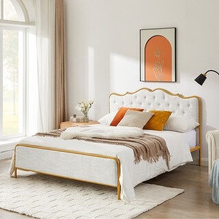 King-Size Upholstered Platform Bed with Buckle Shaped Headboard - Bed ...