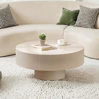 Fluted Round Coffee Table with Relief Design, Mid-Century Modern Drum ...