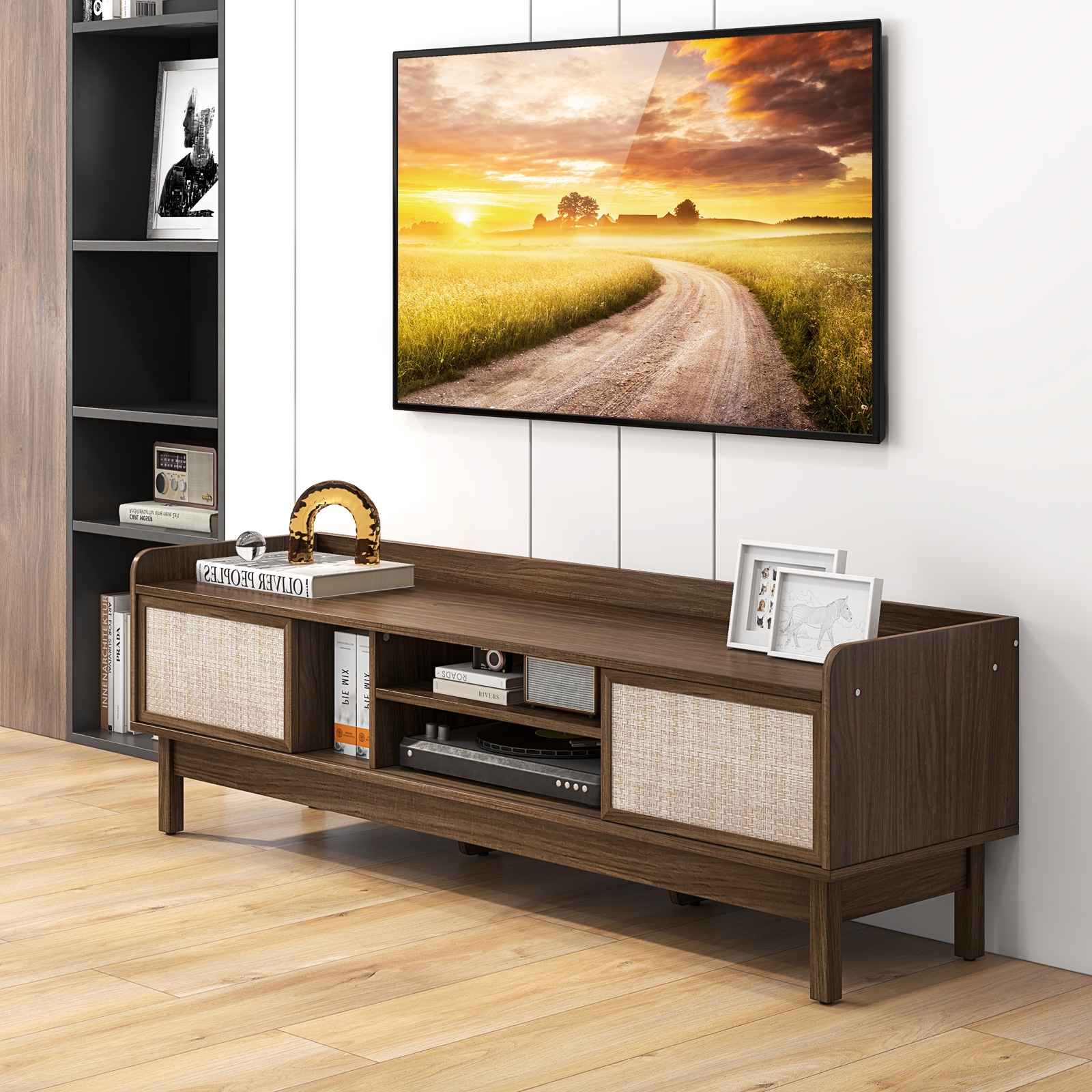 Sliding Door TV Stand for 65 inch TV with Woven Doors 59 x 15.5 x 18.5 L x W x H Walnut and Beige