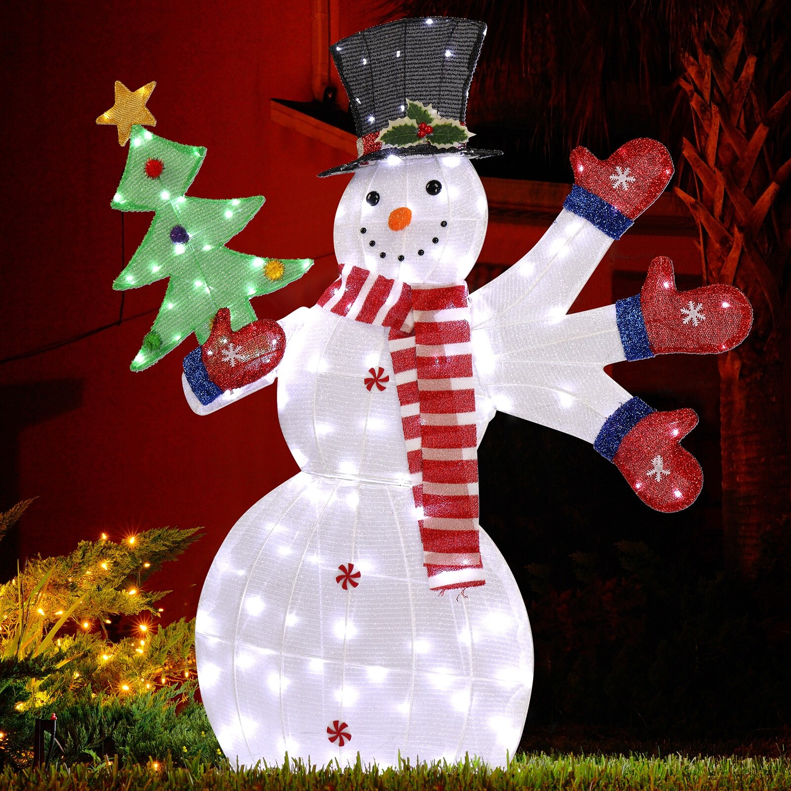 Pre Lit 2D Snowman Waving Hands Christmas Yard Decorations with 170 LED Warm White Lights Multi Color 36.2undefined x 11.8undefined x 53.1undefined Bed Bath Beyond 42196964