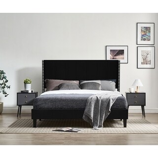 Black Velvet Upholstered Bed Frame, Queen, Vertical Channel Tufted ...