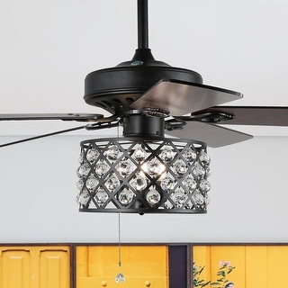 Black Matte Pendant Ceiling Fan with Crystal Shade and Wood Blades, 3 ...