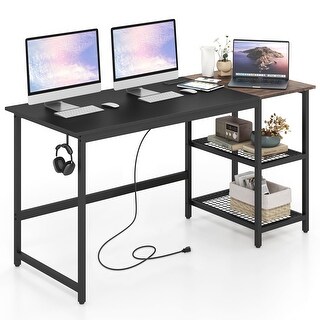 59" Computer Desk with Charging Station, Home Office Desk with Hook & 2 ...
