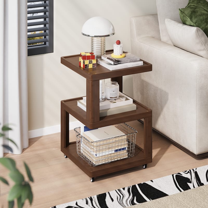 3-Tier Wooden Side Table with Casters, Mobile End Table, Storage ...