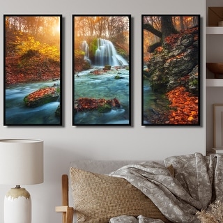 Designart "Fast Flowing Fall River in Forest" Landscape Framed Art Set ...