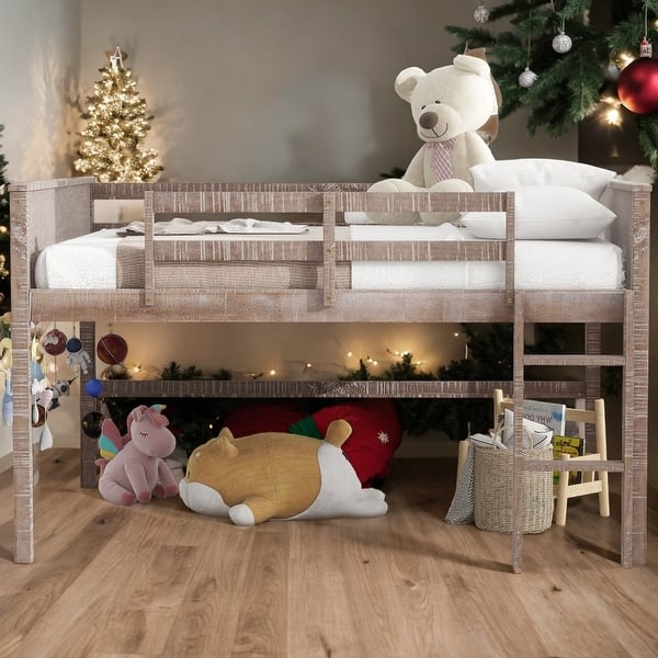 Solid Pine Wood Full Size Kids Bed Loft Bed with Hanging Clothes Racks ...