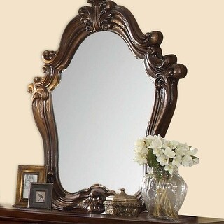Scroll and Molded Wooden Mirror with Carved Details, Cherry Brown - Bed ...