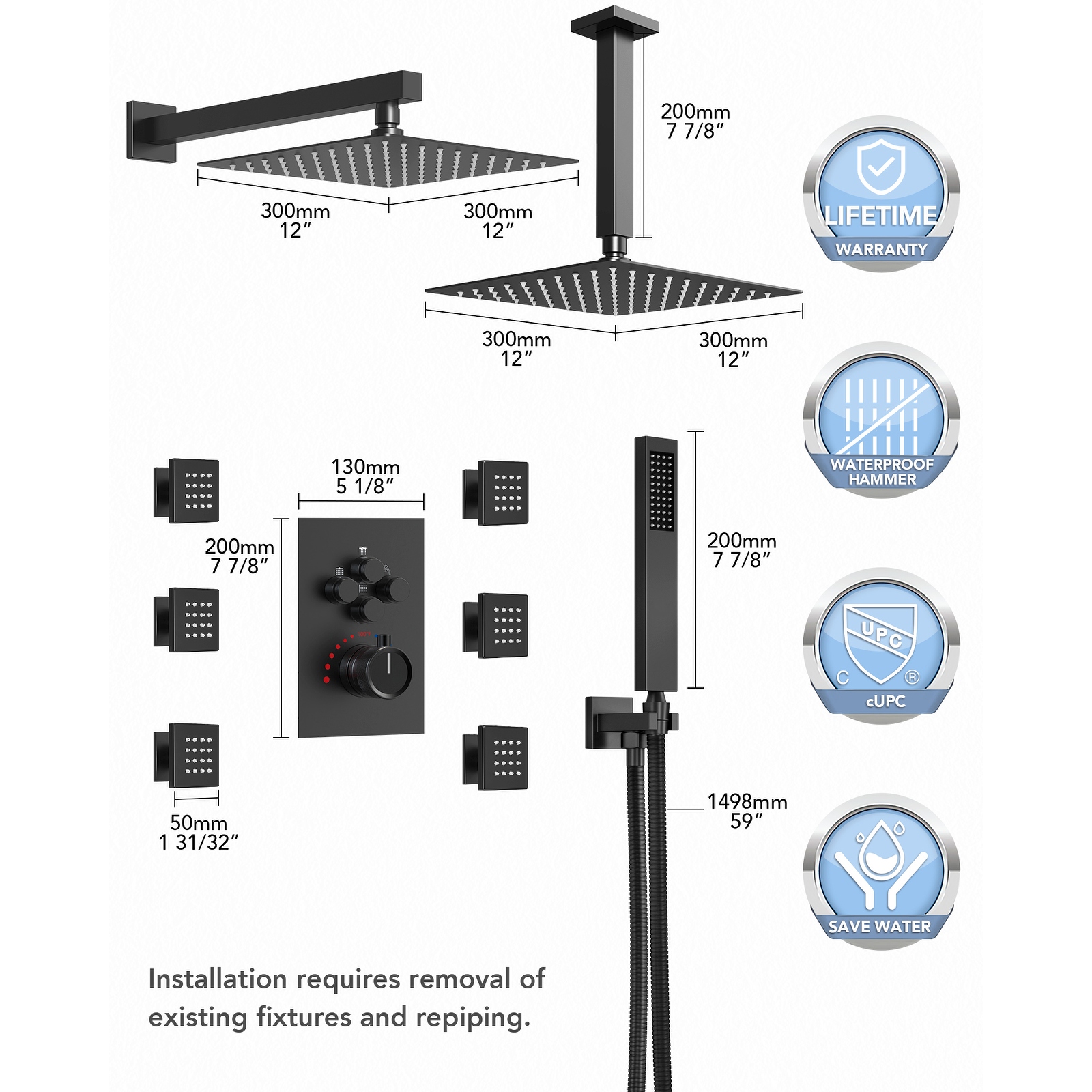 Dual Heads 12 Rainfall High Pressure Thermostatic Shower System With 6