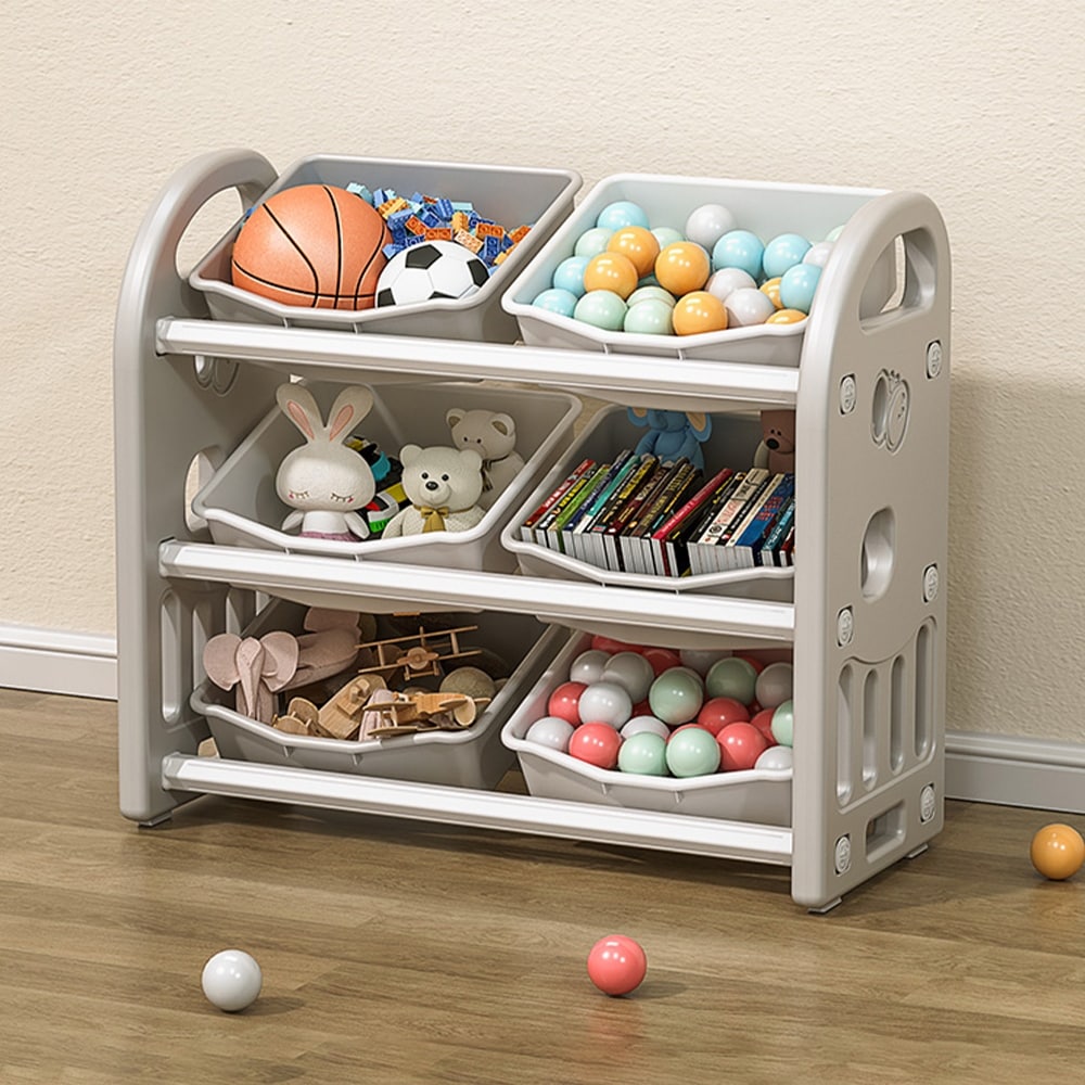 Kids Toy Storage Organizer with 6 Bins Multi functional Nursery Organizer Kids Furniture Set Toy Storage Cabinet Unit Grey