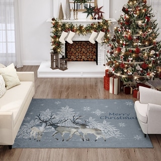 Indoor/ Outdoor Cozy Winter Gray Washable Reindeer Snowflakes Rug - Bed ...