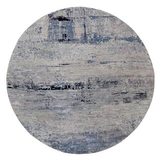Shahbanu Rugs Round Silver, Blue Wool & Silk Abstract Design Hand ...