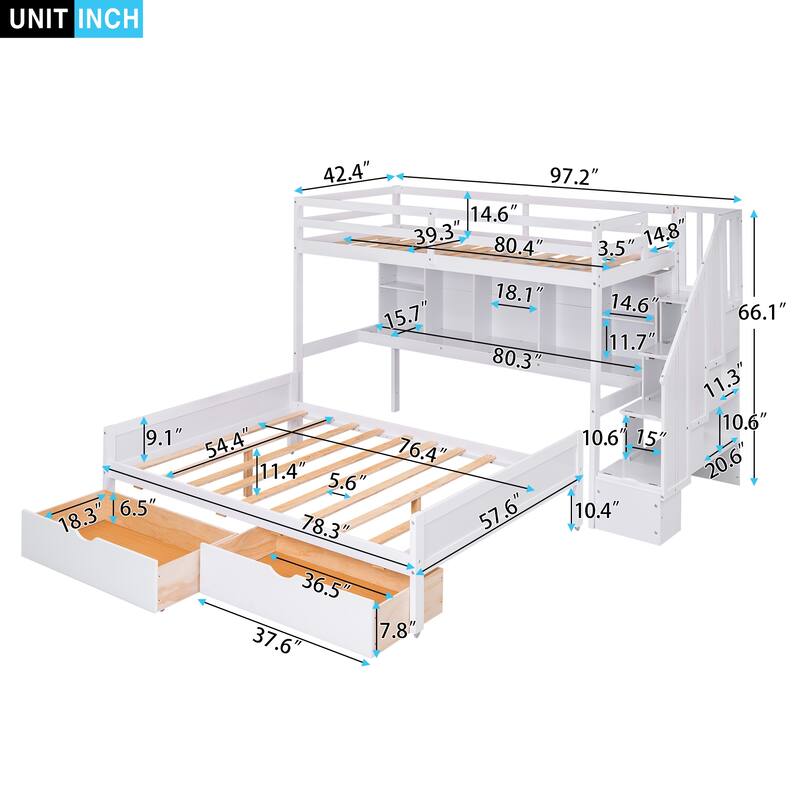 Pine Wood Twin Xl Over Full Bunk Bed With Built In Desk And Bookshelves