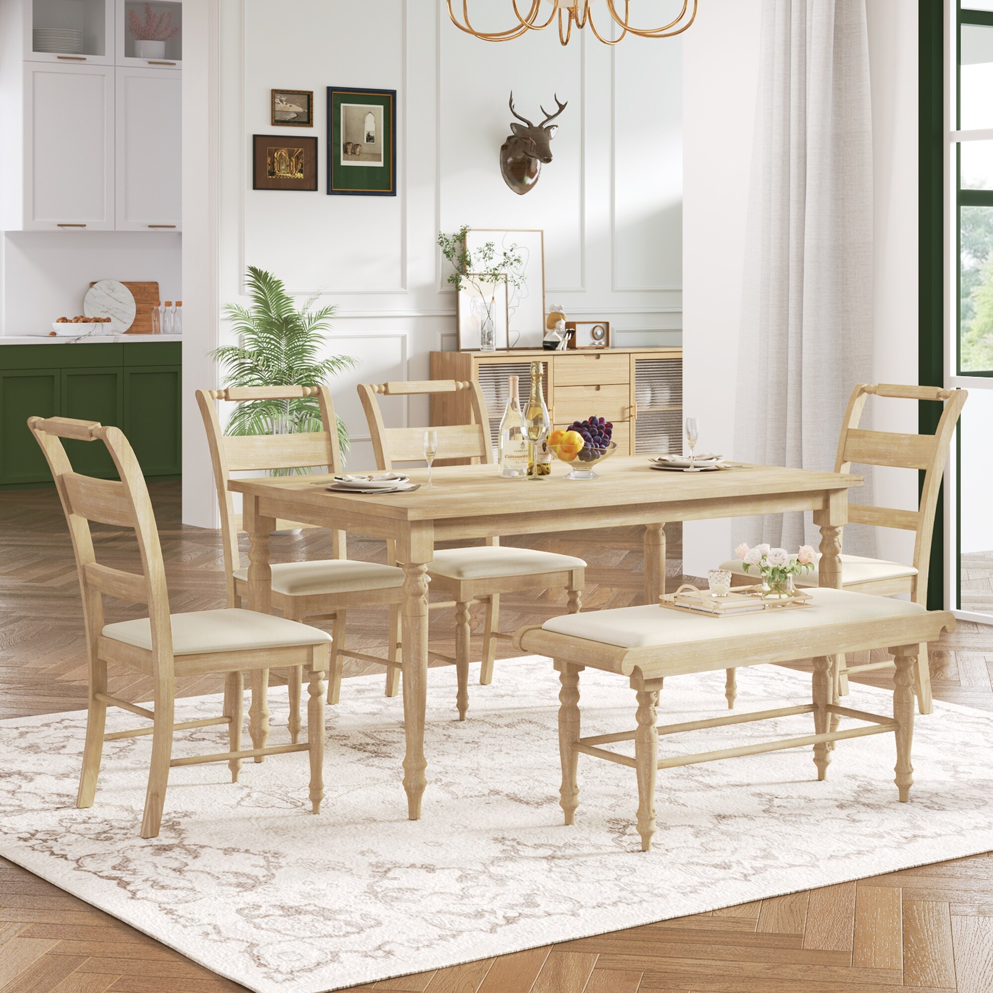 6 piece Dining Table Set with Turned Legs Retro Style Wooden Home Kitchen Table Set with 4 Upholstered Dining Chairs and Bench Bed Bath Beyond 40608462