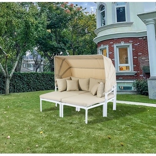 3-Piece Patio Outdoor Retractable Canopy Sectional Sofa Set Sun Lounger ...