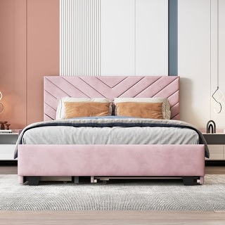 Pink Plush Bed, Upholstered Flannel Frame Bed, Twill Headboard Wingback ...