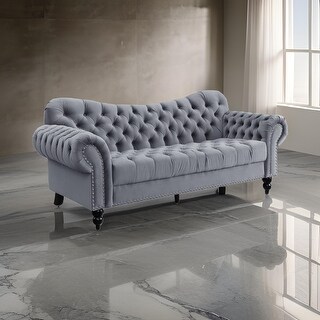 Rosie 84 Inch Sofa, Button Tufted Dark Gray Velvet, Brown Solid Wood ...