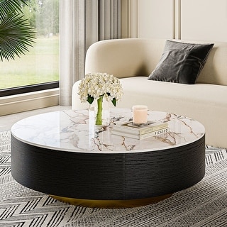 Modern Drum Coffee Table with Oak Veneer, Sintered Stone Coffee Table ...