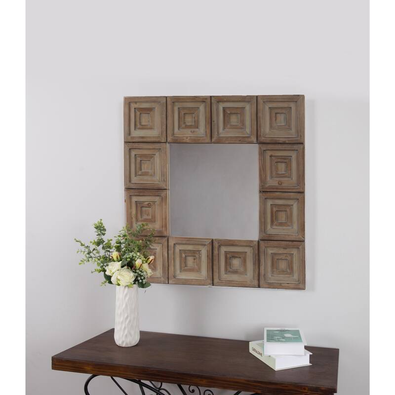 31.5-Inch Rustic Wood Block Square Accent Wall Mirror - 31.5" H x 31.5 ...