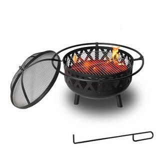 Round Outdoor Wood Burning Fire Pit 22.8" with Steel BBQ Grill, Spark ...