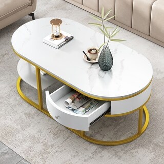 Metal Frame Marble Coffee Table with Drawers & Shelves Storage - Bed ...