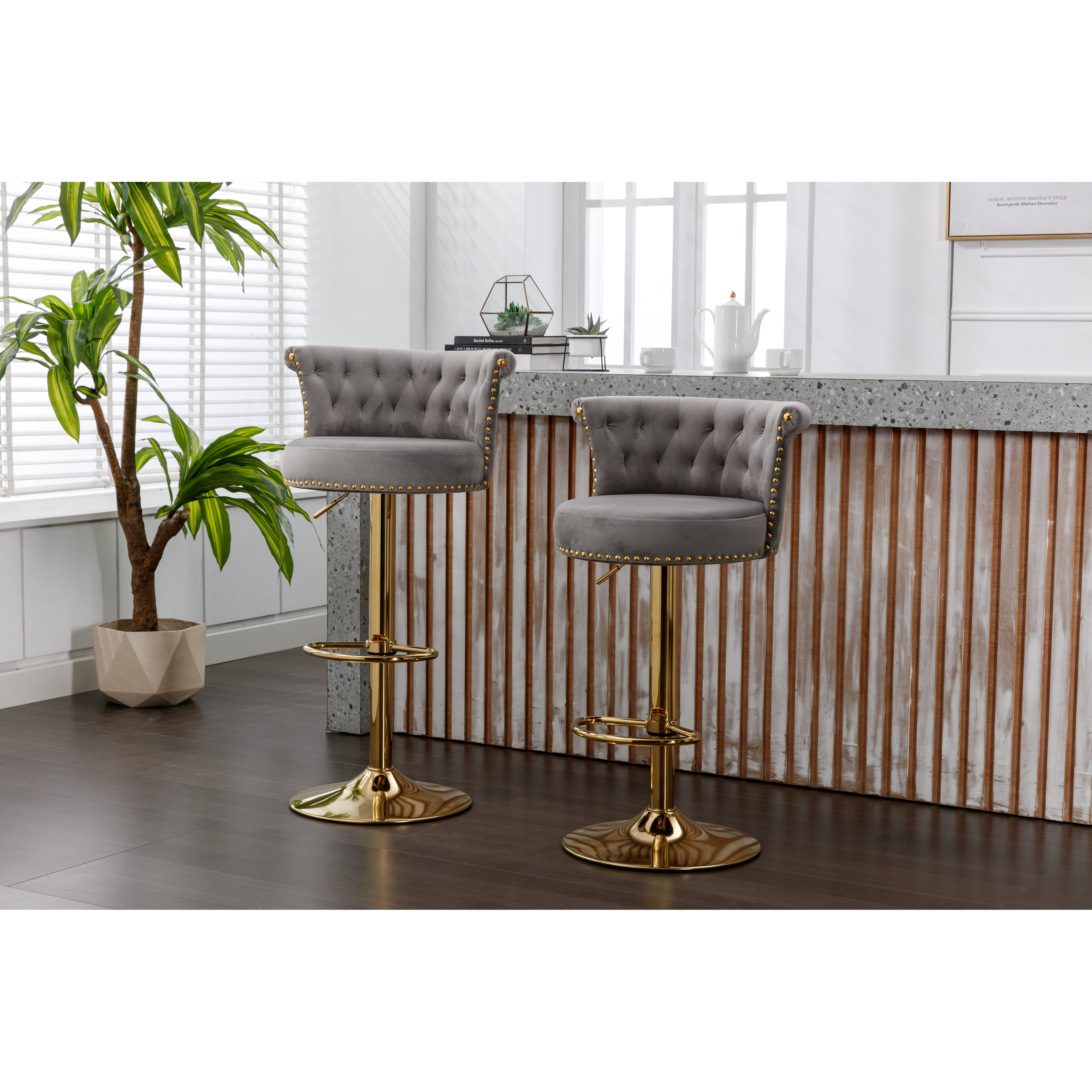 2 PC Velvet Swivel Bar Stools Adjustable Dining Chair with Nailheads ...