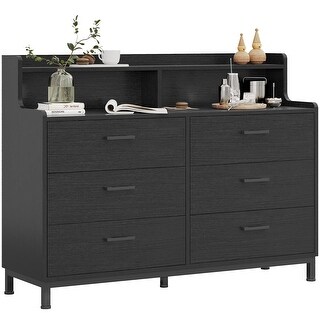 6 Drawer Double Dresser with Shelves, Black Dresser for Bedroom, Chest ...