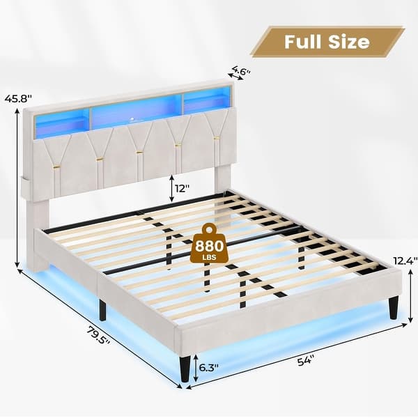 Bed Frame Storage Headboard RGB LED Lights Upholstered Platform Bed ...