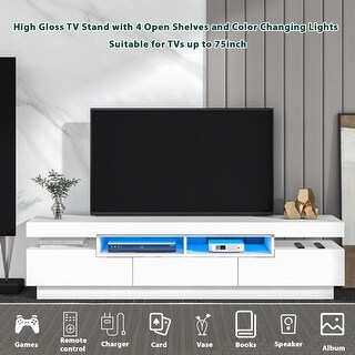 Entertainment Center TV Stand Game Console Table w/ LED Lights, White ...