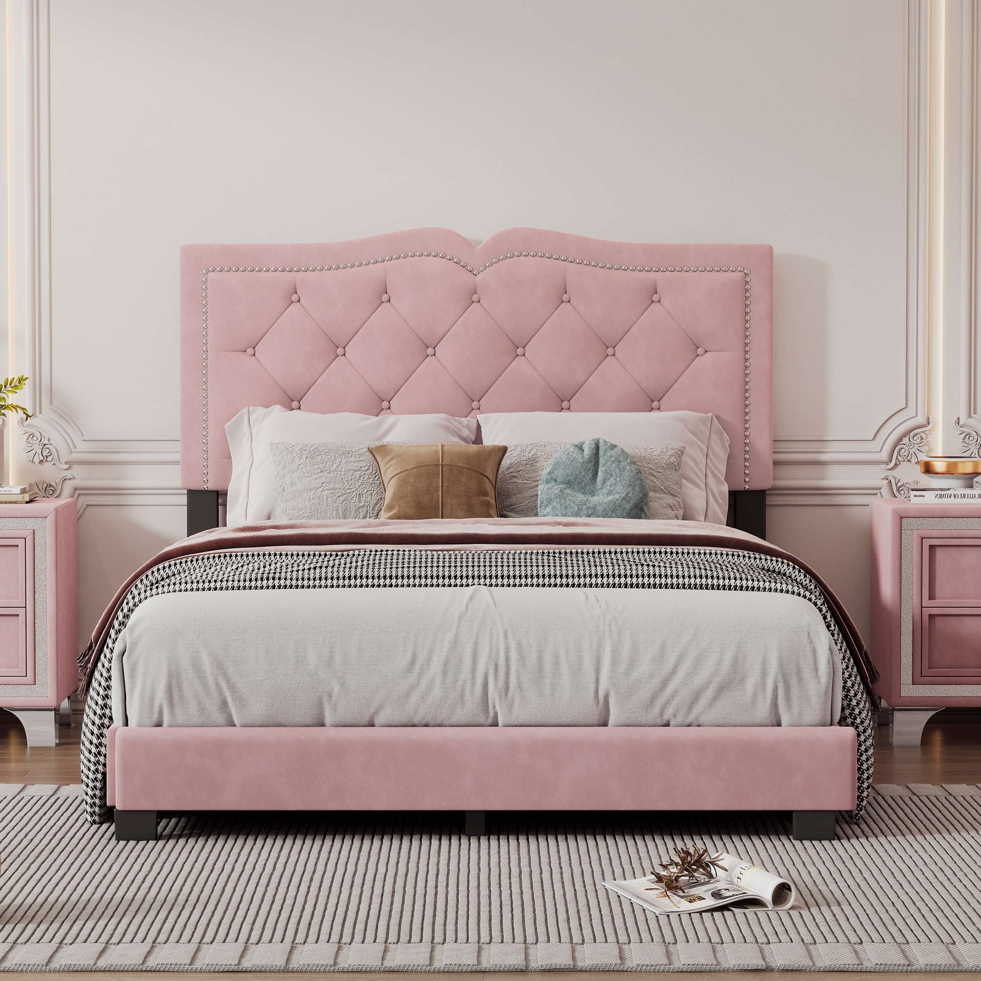 Pink Full Size Velvet Upholstered Platform Bed with Tufted Headboard Bed Bath Beyond 41764687