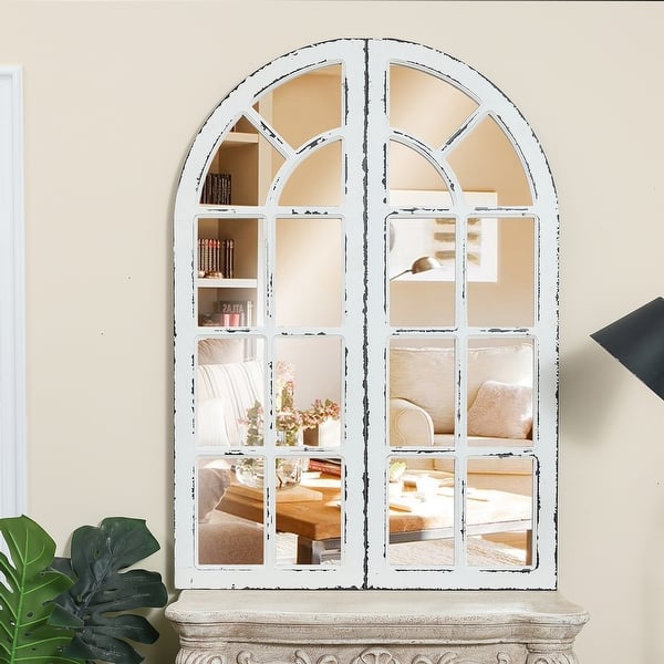 Distressed White Wood Frame Accent Arched Window Wall Mirror (Set of 2 ...