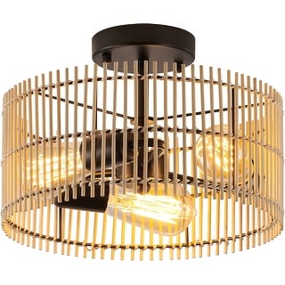 3 light semi flush mount ceiling light fixture rust rattan ceiling lamp ...