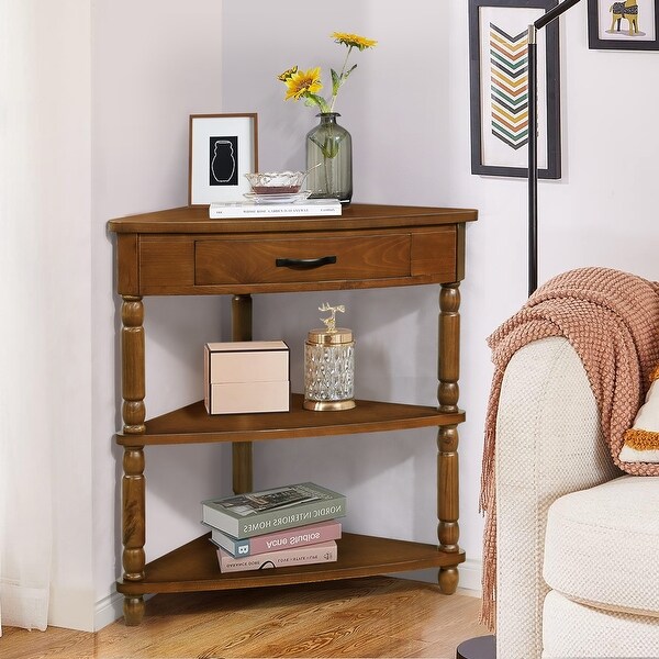 Wood Triangle Corner Side Table for Small Spaces Living Room Brown