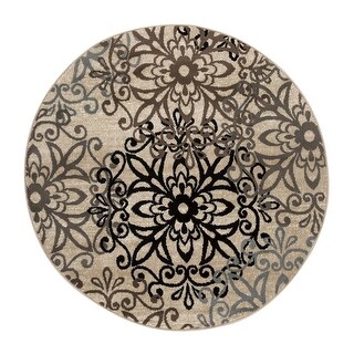 HomeRoots 5' Round Tan Gray And Black Round Floral Medallion Stain ...