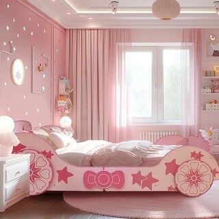 Kids Pink Race Car Bed with Cartoon Design, Ideal for Children's Room ...