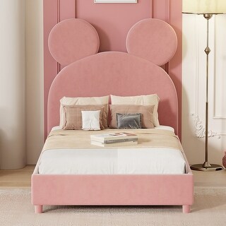 Velvet Twin Upholstered Platform Bed w/Bear Ear Shaped Headboard, Pink ...