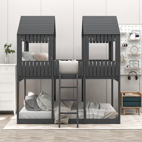 Merax Full over Full Wood Tower Bunk Bed with Roof - On Sale - Bed Bath ...