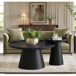 Coffee Table Set of 2, Marble Veneer Round Tea & End Tables, Minimalist ...