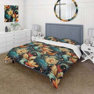 Designart "Beige And Green Tribal Damask Blend" Damask bed cover set ...