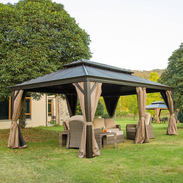 10x12 ft Wood Coated Aluminum Frame Galvanized Steel Double Roof ...