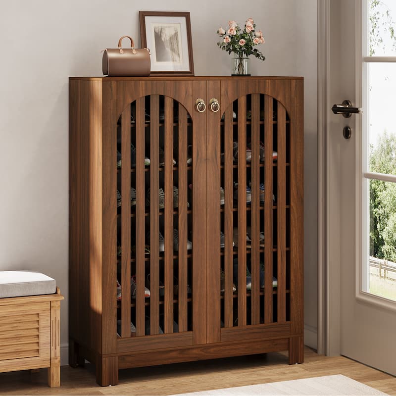 Shoe Cabinet with Louver Doors, 6-Tier Adjustable Shoe Storage Cabinet ...